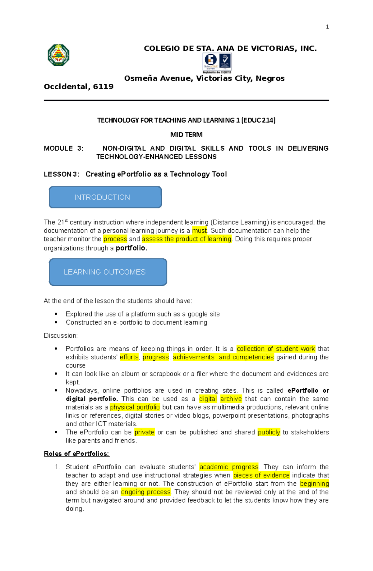 Module 3 - Lesson-3-Creating-e Portfolio - COLEGIO DE STA. ANA DE ...