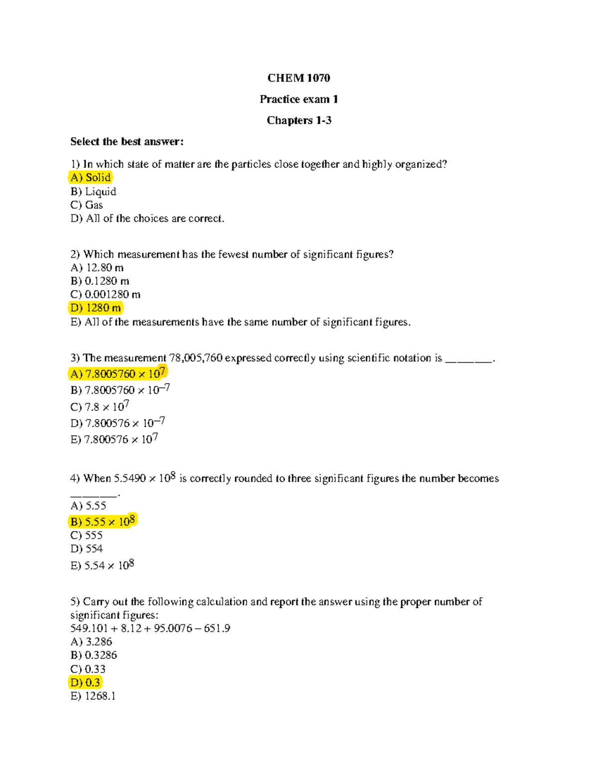 Key Practice exam 1 - with answers - CHEM 1070 Practice exam 1 Chapters 1- Select the best ...