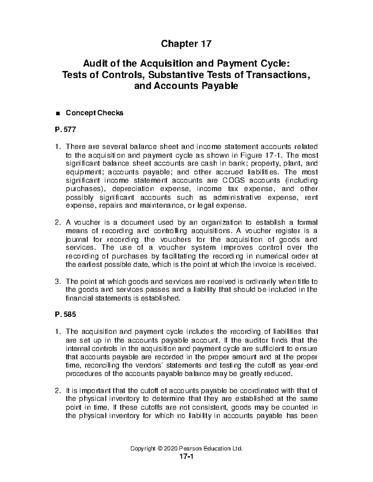 Arens AAS17 sm 17 - auditing chapter 17 - Copy right © 2020 Pearson Education Ltd. Chapter 17 ...