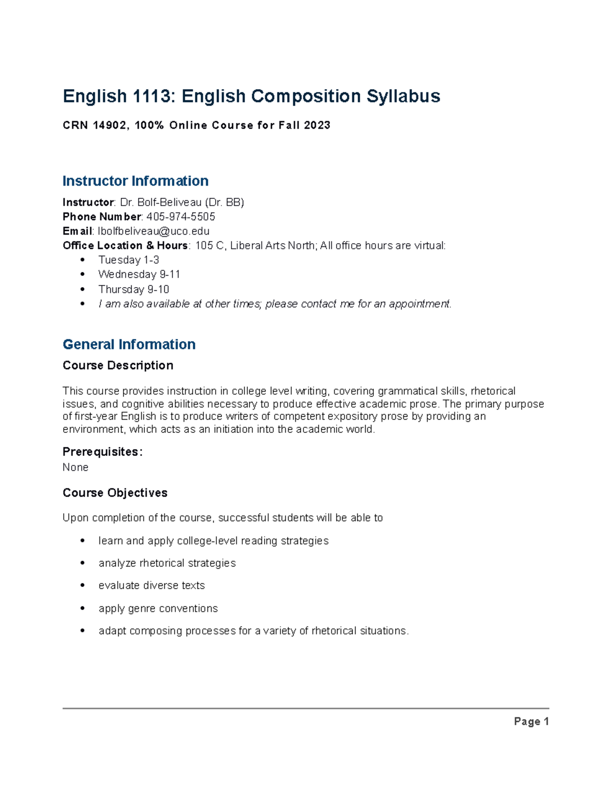 ENG 1113 (14902) Fall 2023 Syllabus - English 1113: English Composition ...