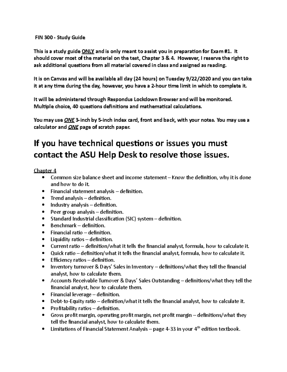 FIN300 Exam1Study Guide - FIN 300 - Study Guide This is a study guide ...