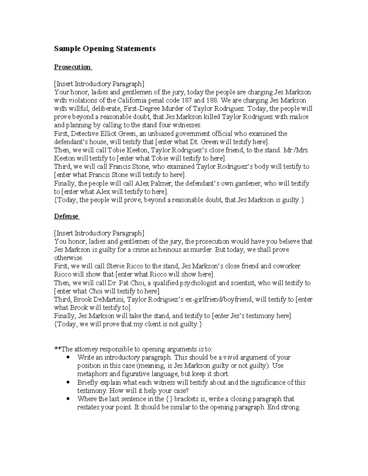 Sample Opening Statement - Sample Opening Statements Prosecution ...