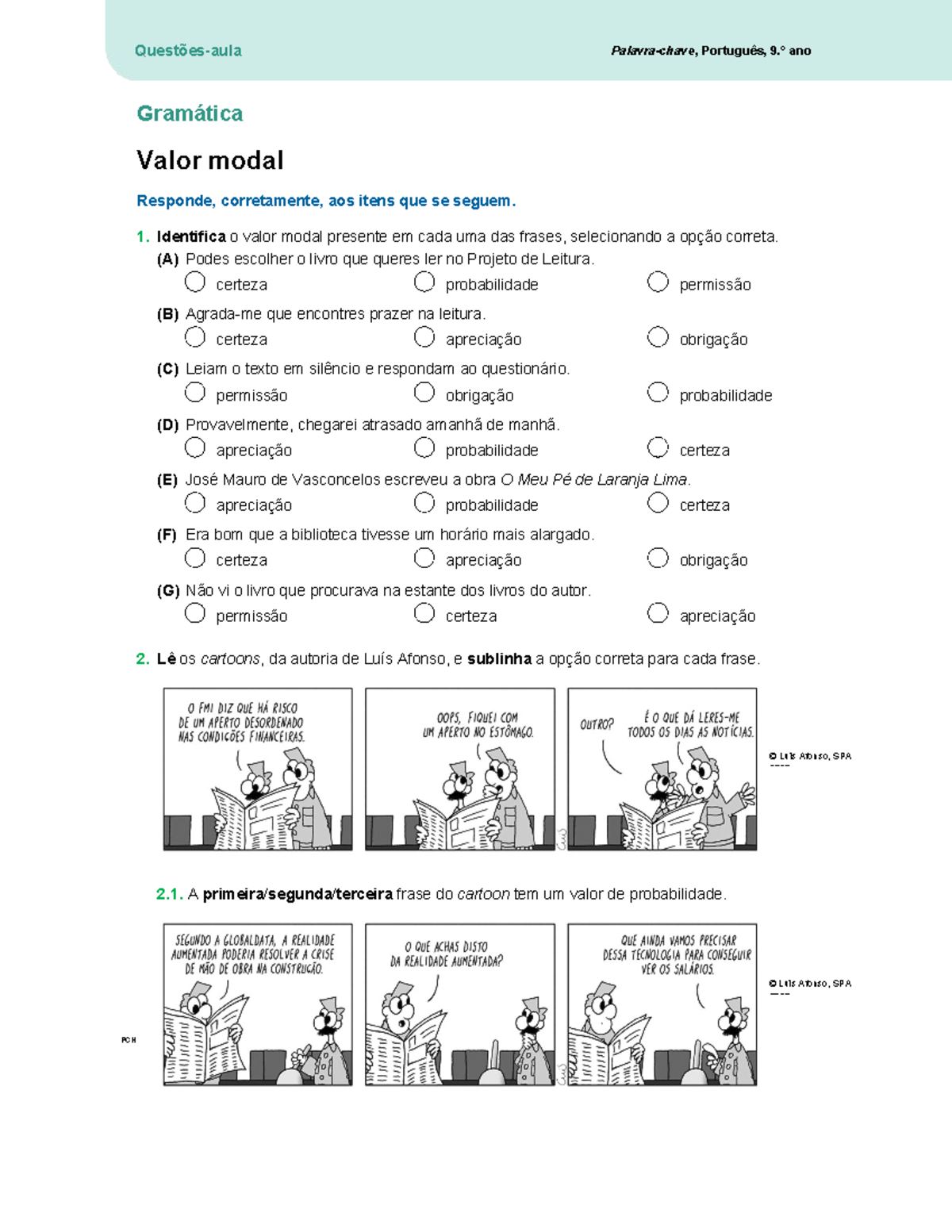 Ficha valor modal - Questões-aula Palavra-chave, Português, 9.° ano ...
