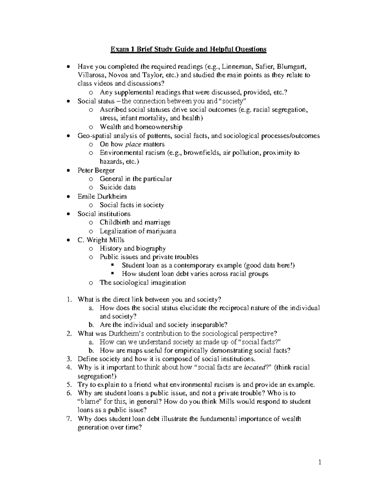 Exam 1 SOCI Study Guide - Summary Introduction to Sociology - 1 Exam 1 Brief Study Guide and ...