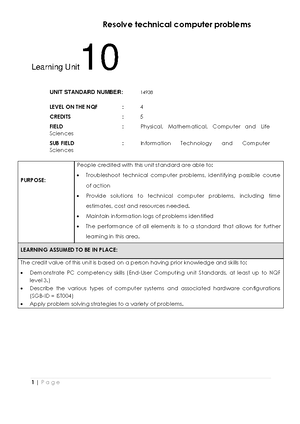 Resolve computer user`s problems - Learning Unit 5 UNIT STANDARD NUMBER : 14919 LEVEL ON THE NQF ...