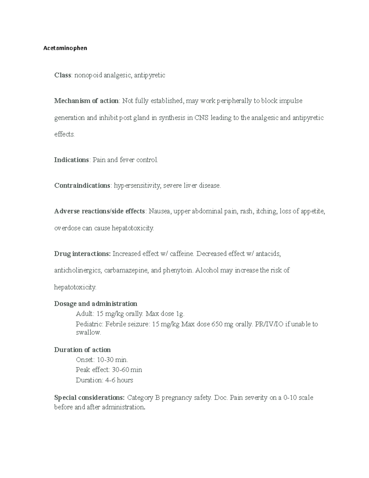 Drug cards 2023 - Acetaminophen Class: nonopoid analgesic, antipyretic ...