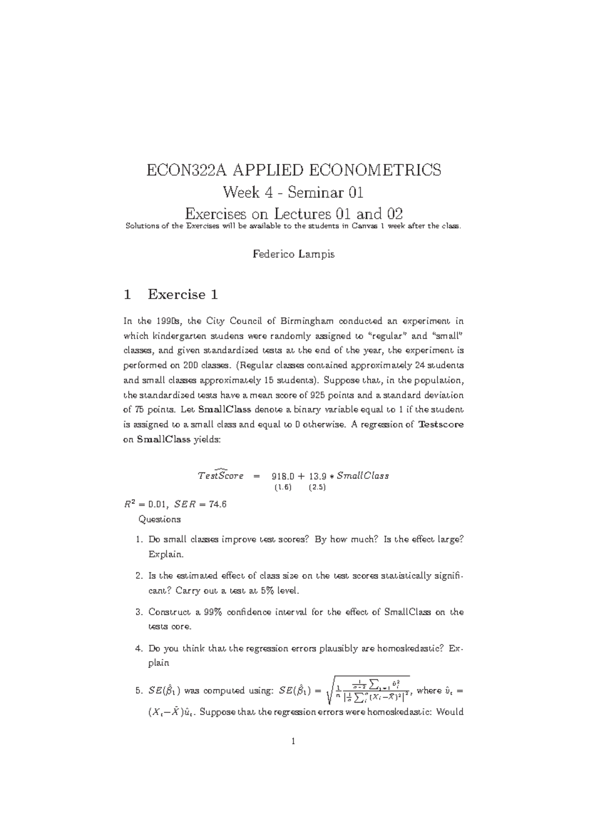 Exercise Seminar 1 - ECON322A APPLIED ECONOMETRICS Week 4 - Seminar 01 Exercises on Lectures 01 ...