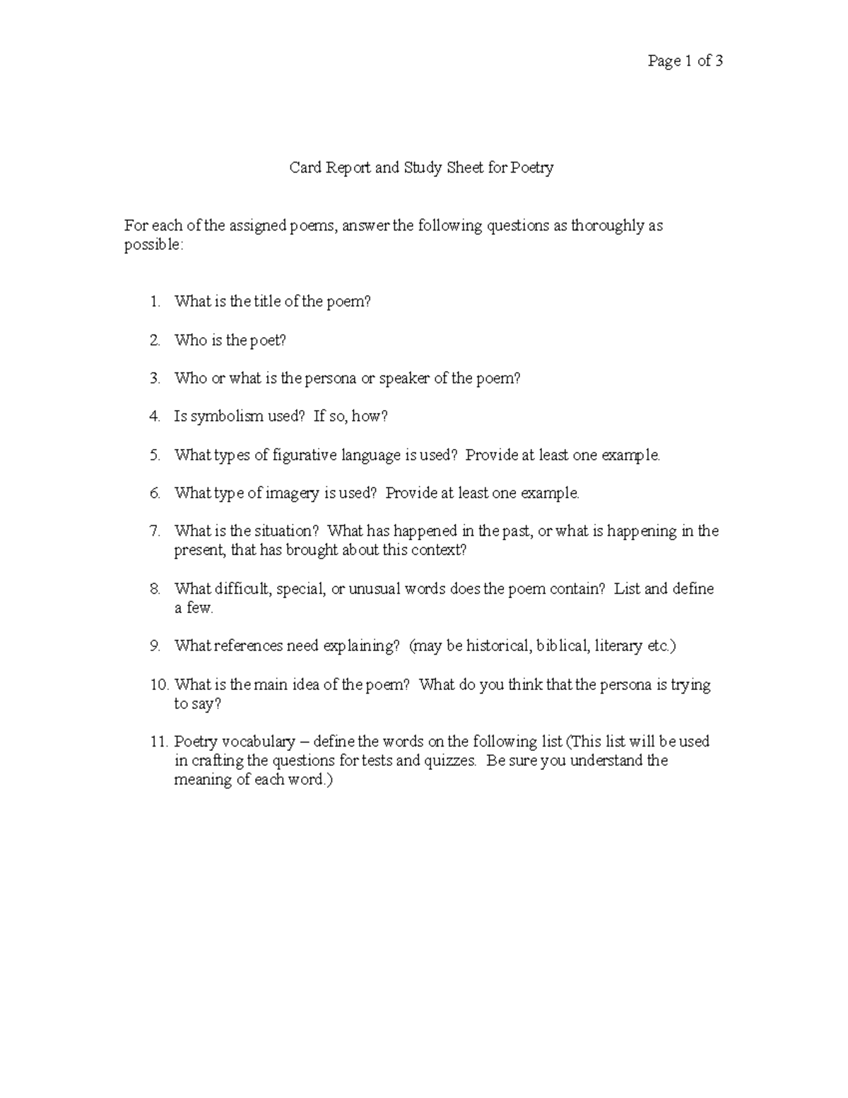 Poetry Card Report and Study Sheet with Vocabulary List - Page 1 of 3 ...