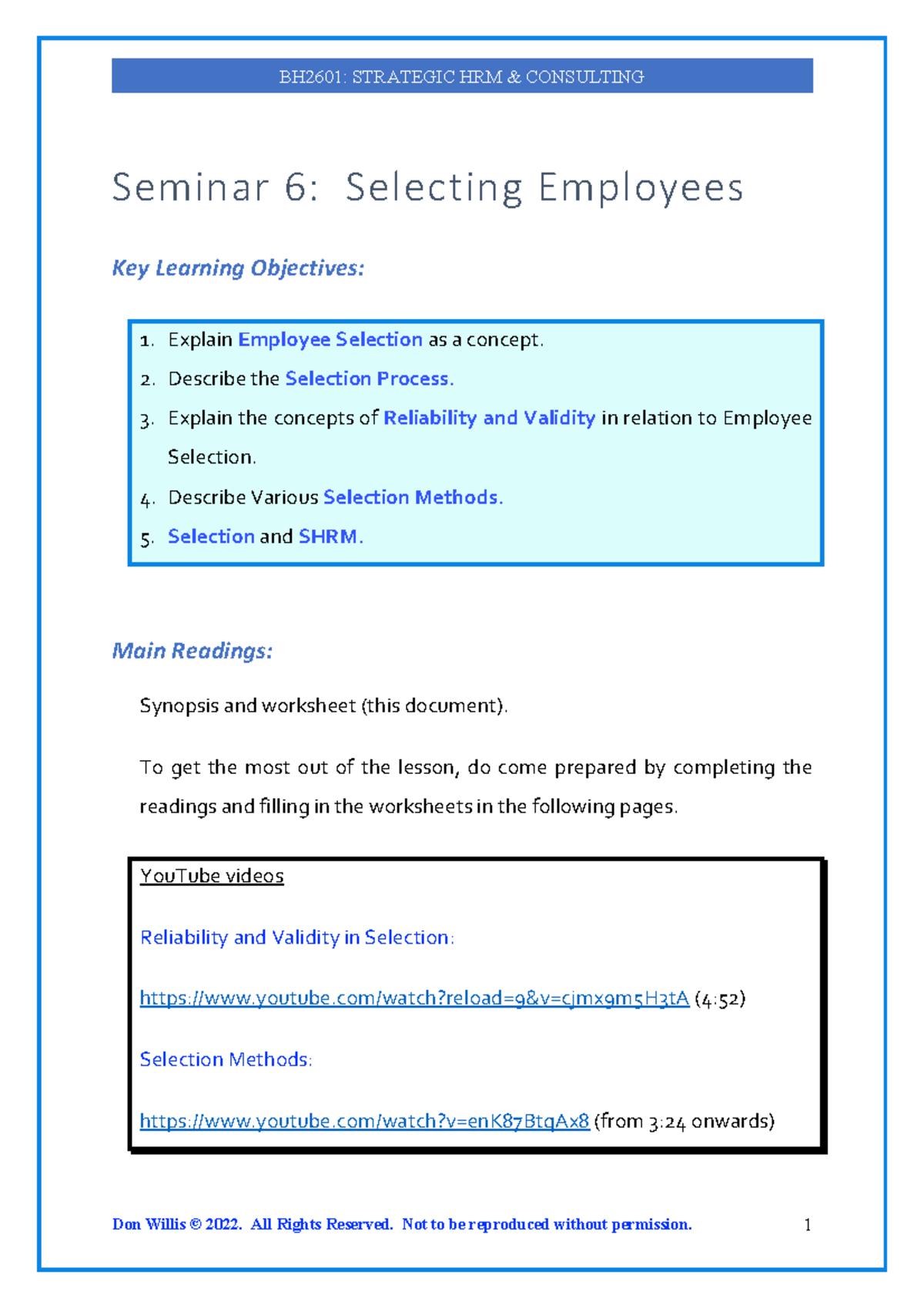 Sem 6 Synopsis Worksheet Sem 7 - Seminar 6: Selecting Employees Key Learning Objectives: 1 ...