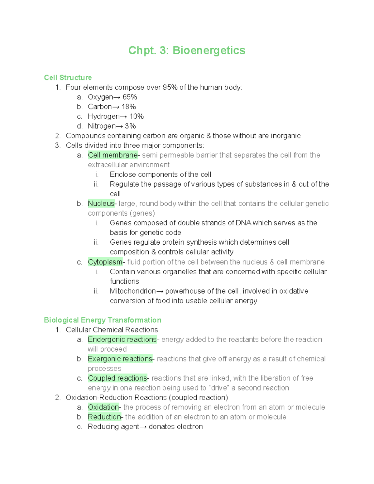 Chpt 3-2 - notes - Chpt. 3: Bioenergetics Cell Structure 1. Four ...