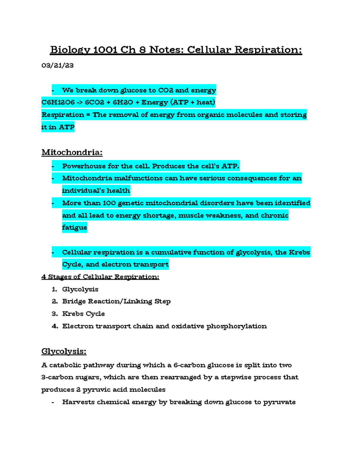 Biology 1002 Ch 8 Notes Cellular Respiration - Biology 1001 Ch 8 Notes ...