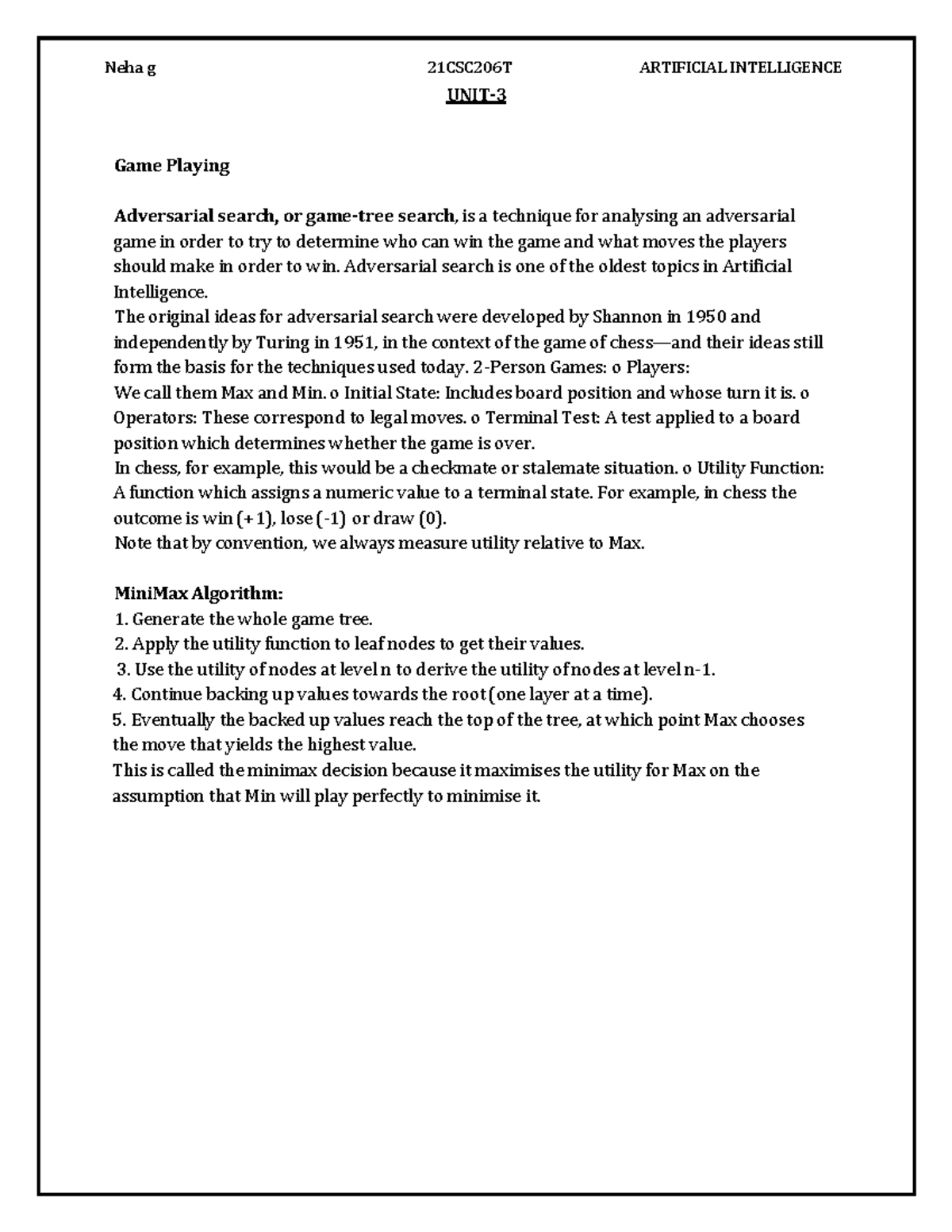 AI Notes Unit-3 - UNIT- 3 Game Playing Adversarial search, or game-tree ...