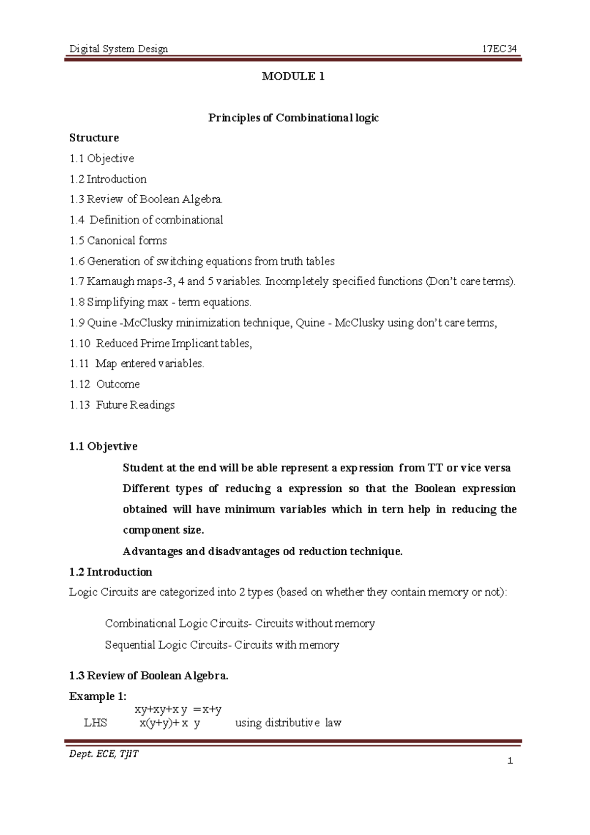 Module 1 - dsd - Digital System Design 17EC Dept. ECE, TJIT 1 MODULE 1 Structure 1 Objective 1 ...