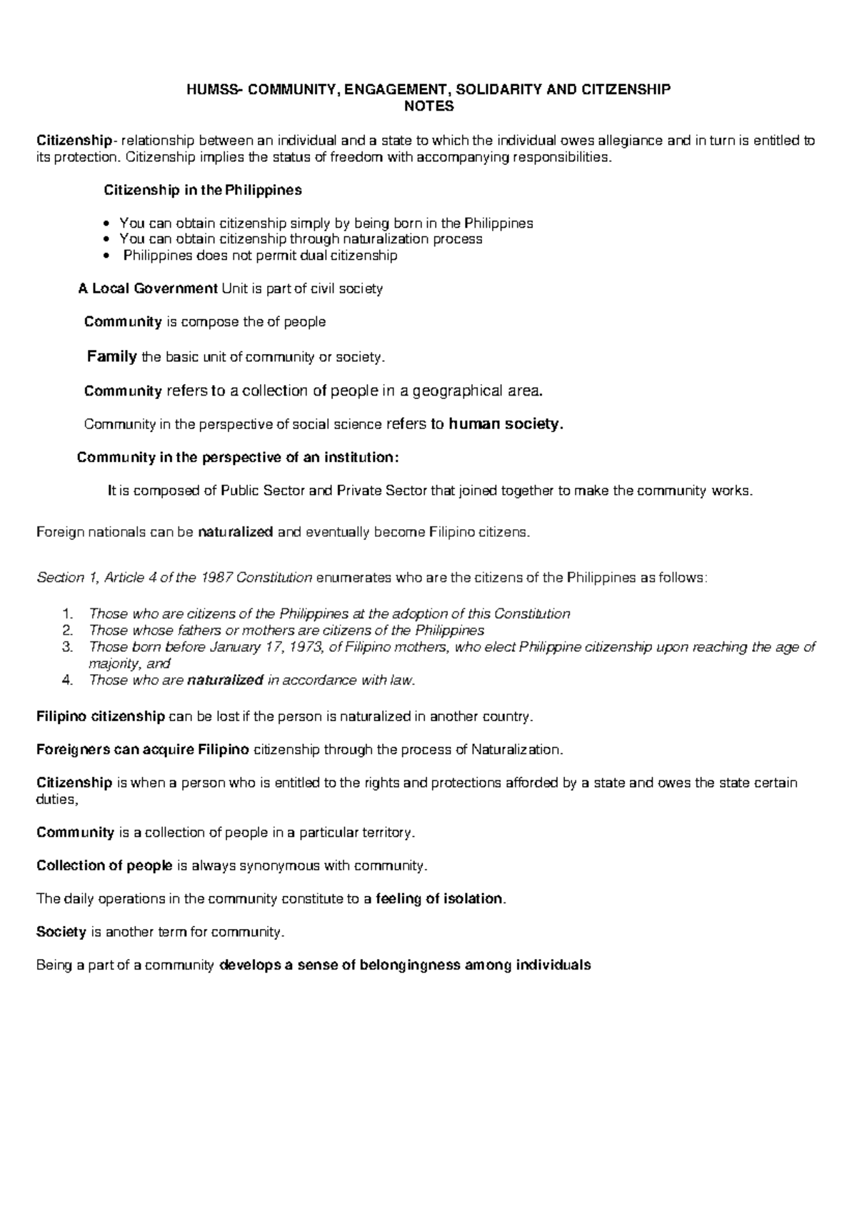 Humss Notes 1ST Community Engagement Solidarity AND Citizenship ...