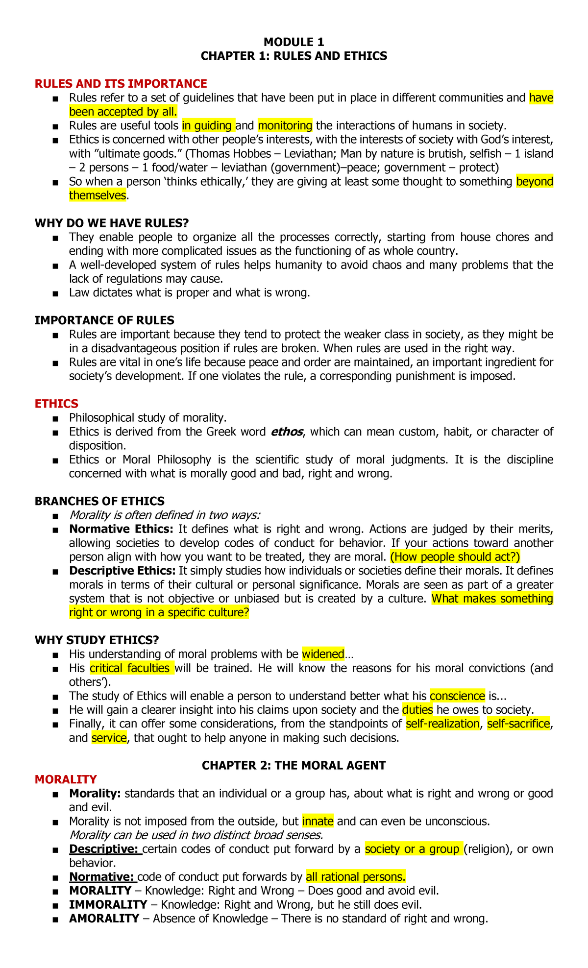 Ethis-Module - A module for Ethics course. - MODULE 1 CHAPTER 1: RULES ...