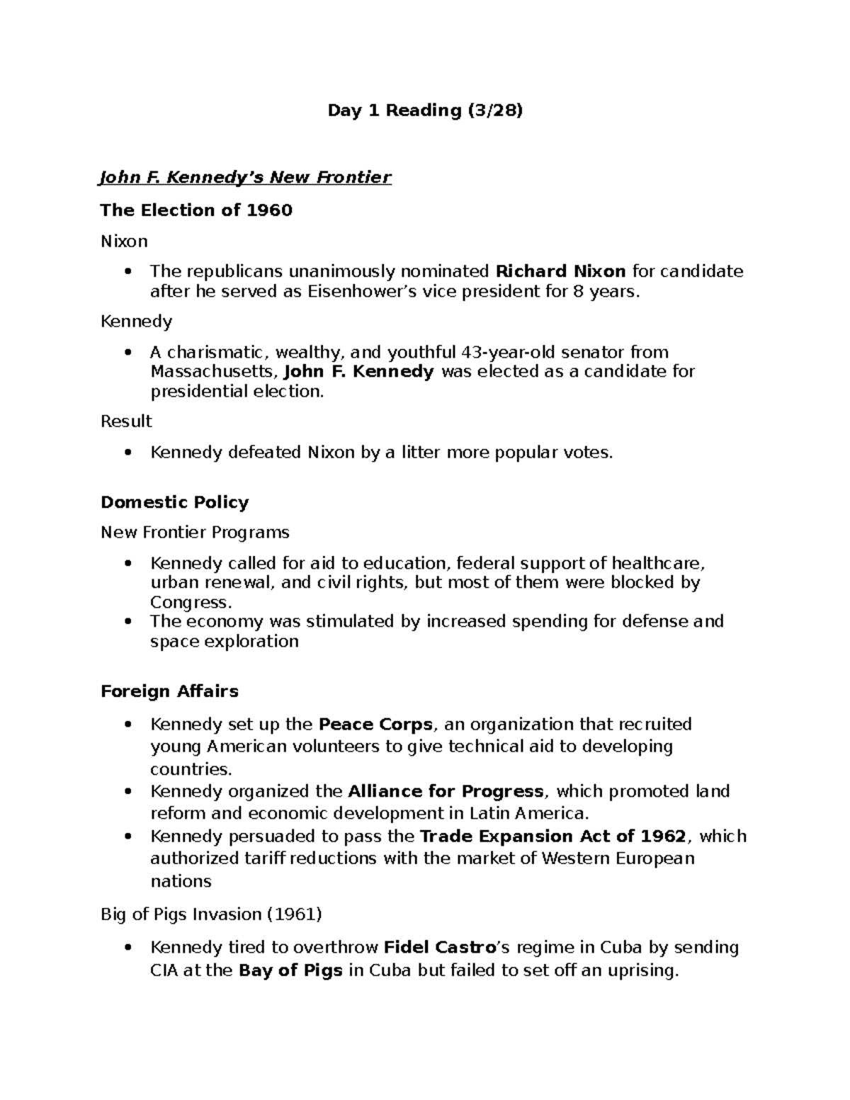 Amsco Notes - Day 1 Reading (3/28) John F. Kennedy’s New Frontier The ...