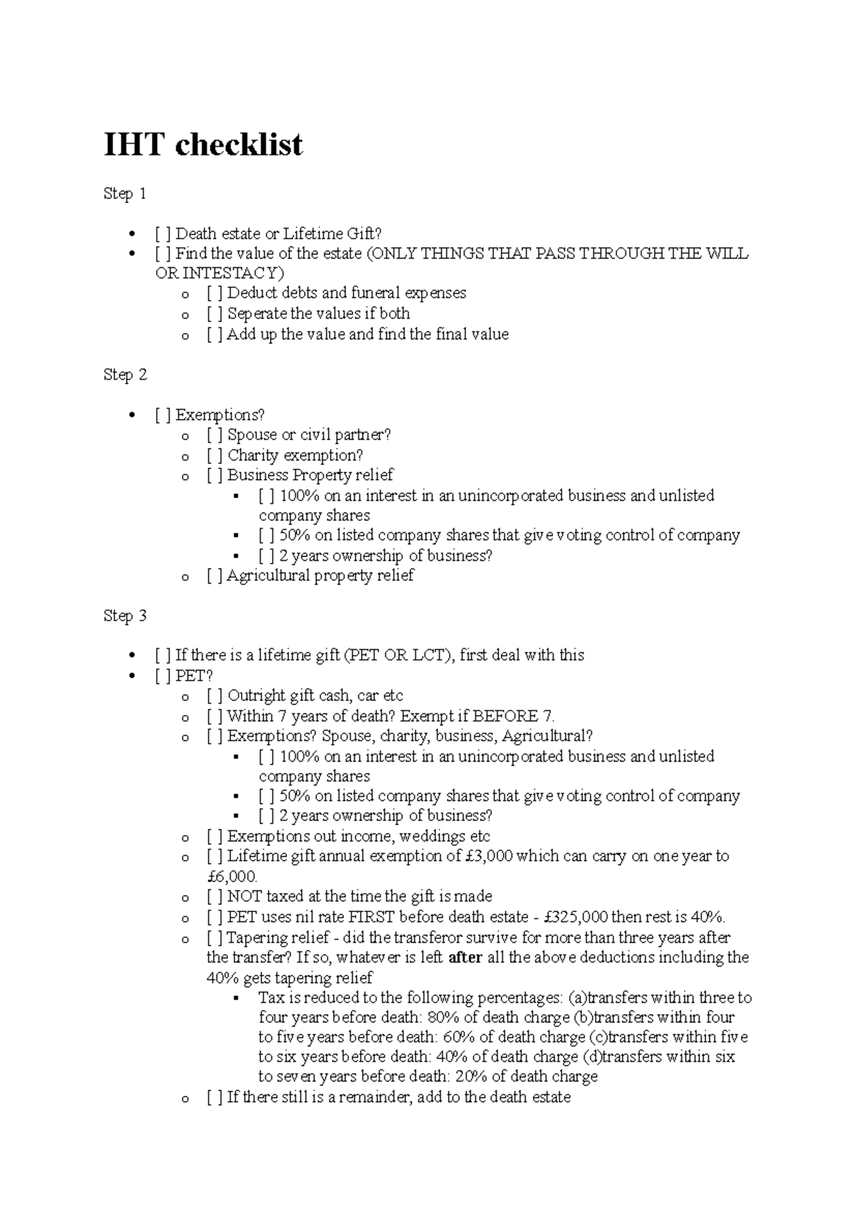 IHT Checklist - IHT checklist Step 1 [ ] Death estate or Lifetime Gift ...