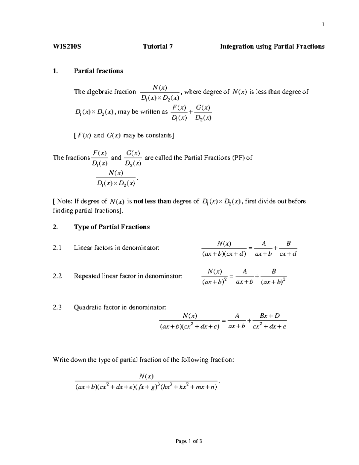 Tutorial 7 integration using partial fractions - Page 1 of 3 1 WIS210S ...