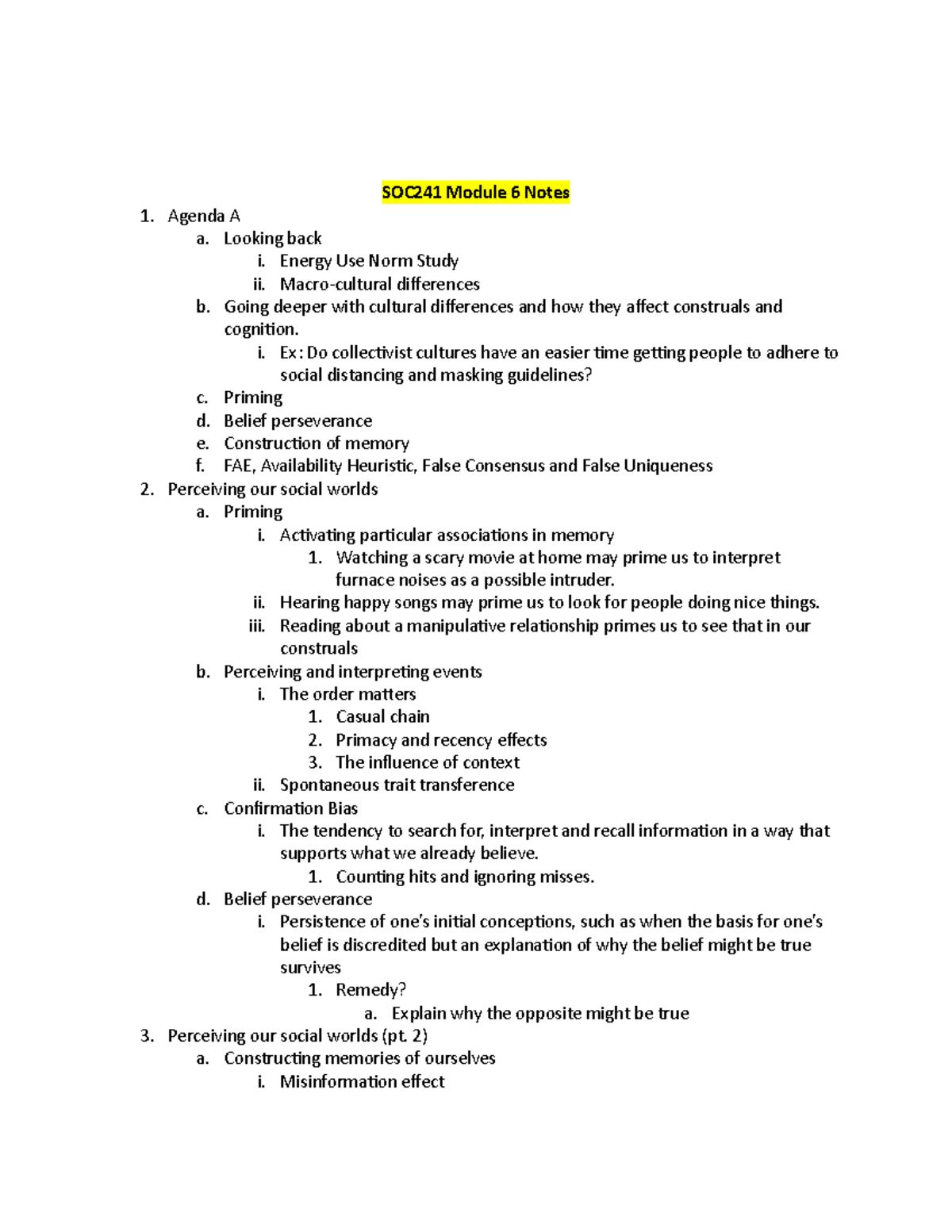SOC241 Module 6 Notes - SOC241 Module 6 Notes Agenda A a. Looking back ...