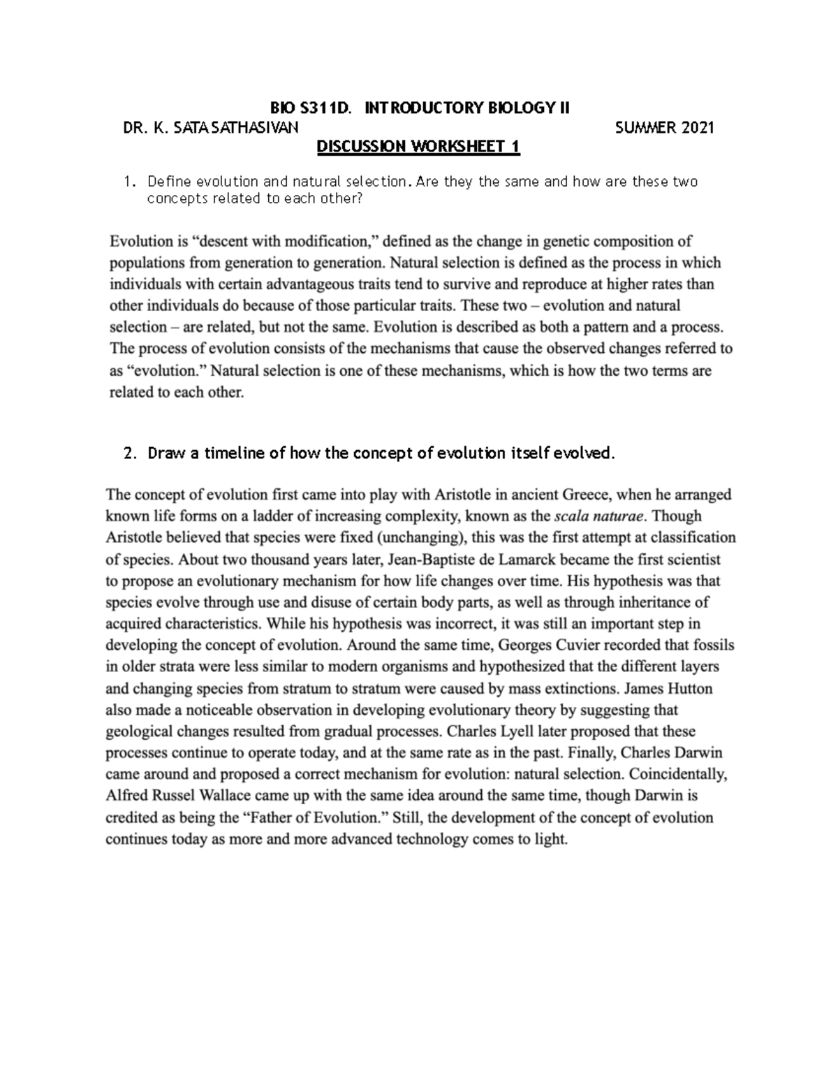 Discussion Worksheet 1 - BIO S311D. INTRODUCTORY BIOLOGY II DR. K. SATA ...