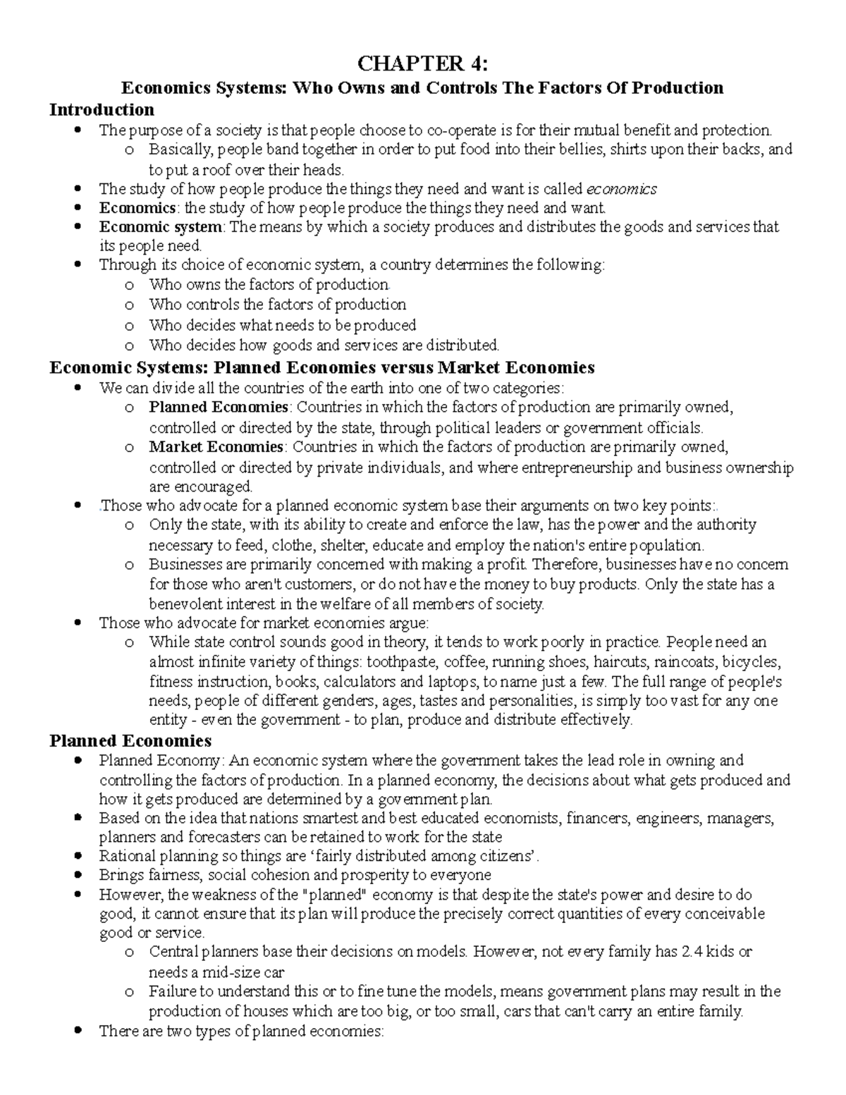 Chapter 4 - Textbook Notes - CHAPTER 4: Economics Systems: Who Owns and ...