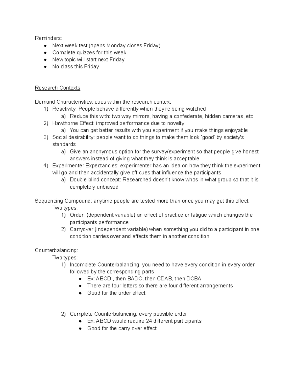 Research Methods in Psychology Notes - Reminders: Next week test (opens ...