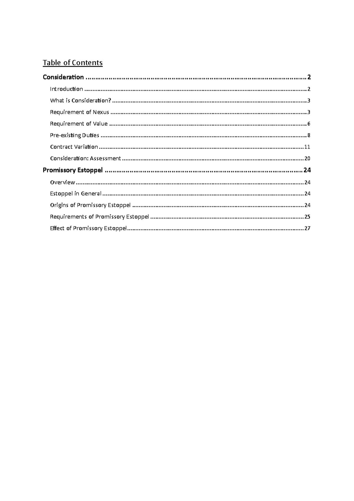 Consideration and Promissory Estoppel Summary - Table of Contents ...