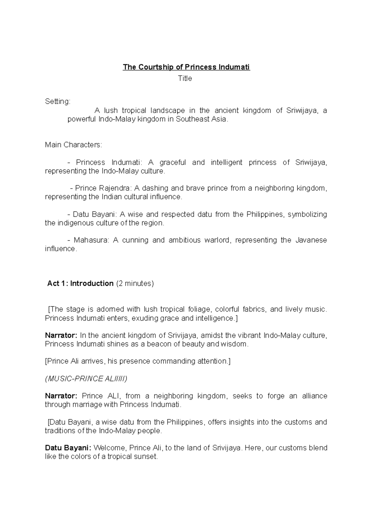 HUM 102 Script Indomalay - The Courtship of Princess Indumati Setting ...