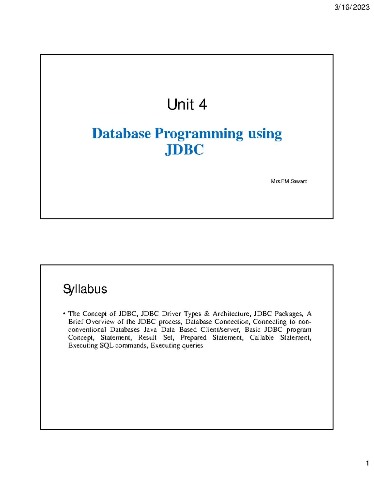 AJP RMI Detailed Notes - Database Programming using JDBC Unit 4 M rs.P ...