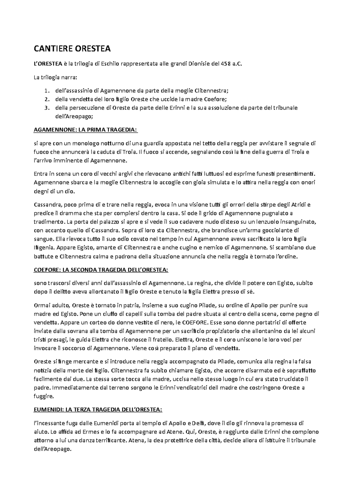 Cantiere Orestea - riassunto - CANTIERE ORESTEA L’ORESTEA è la trilogia ...