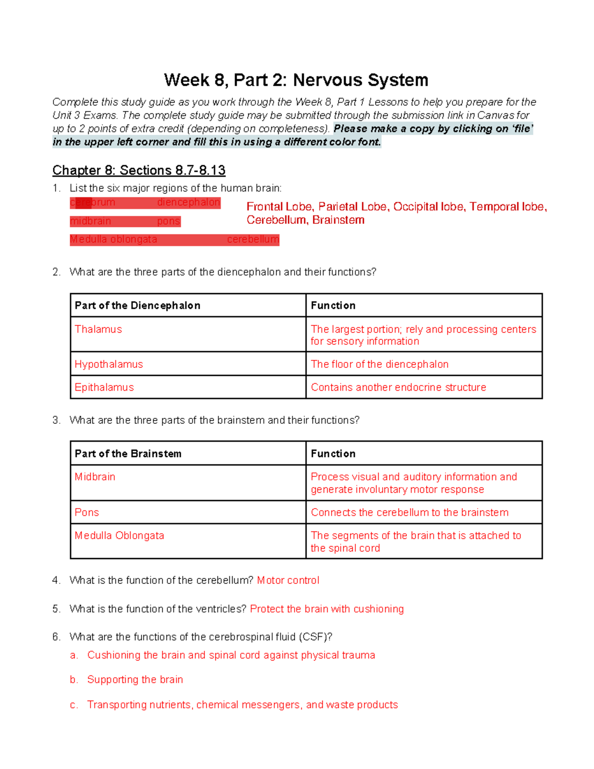 Copy of Copy of BIO 145 Week 10, Part 2 Nervous System Answer KEY ...