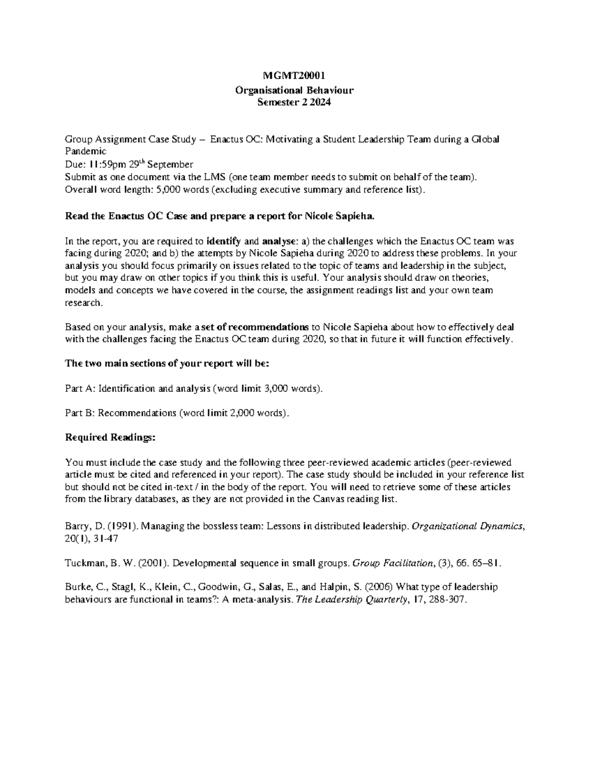 A2 Group Assignment Instructions Semester 2 2024 - MGMT 20001 Organisational Behaviour Semester ...