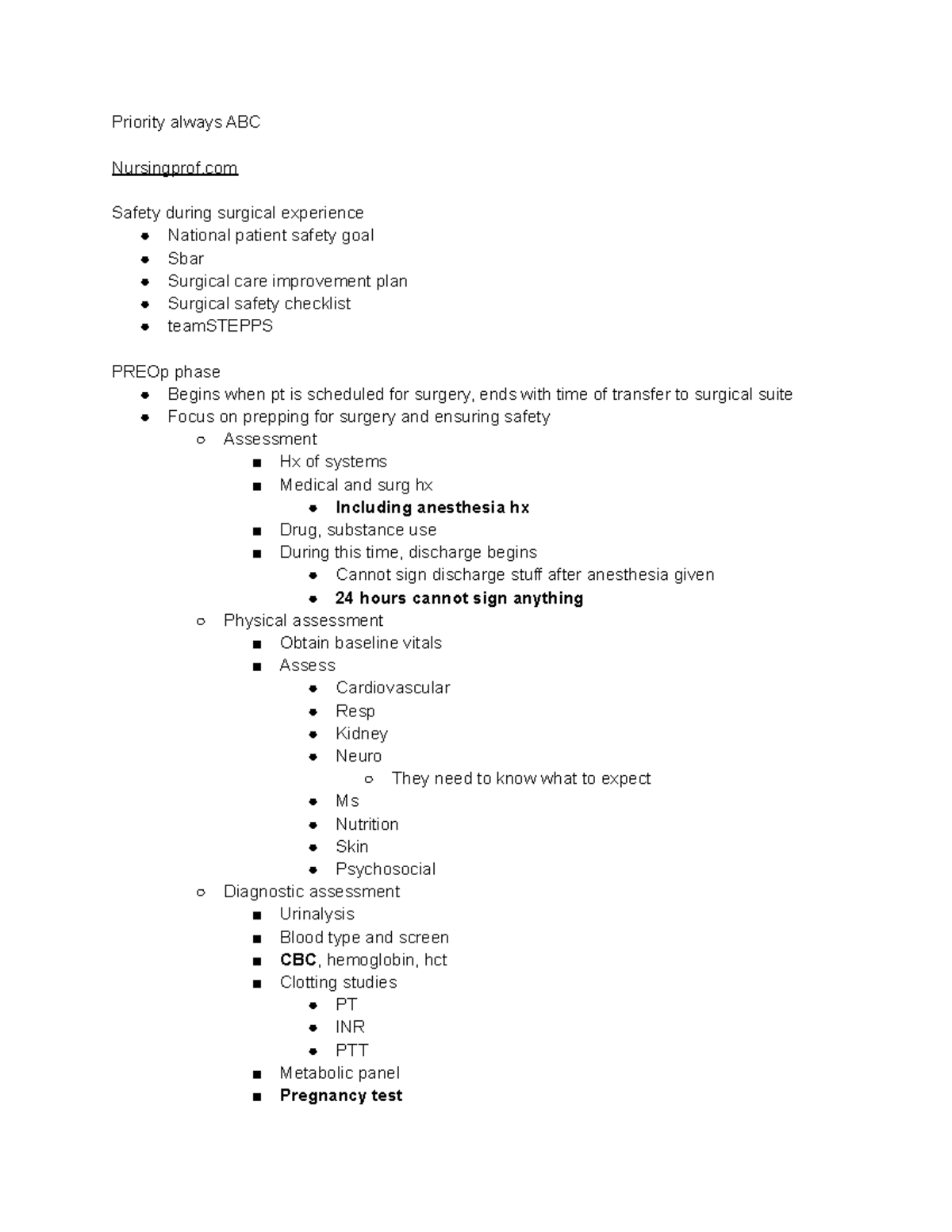 Pre Op Med Surg 2 - Lecture Notes for nursing preop - Priority always ...