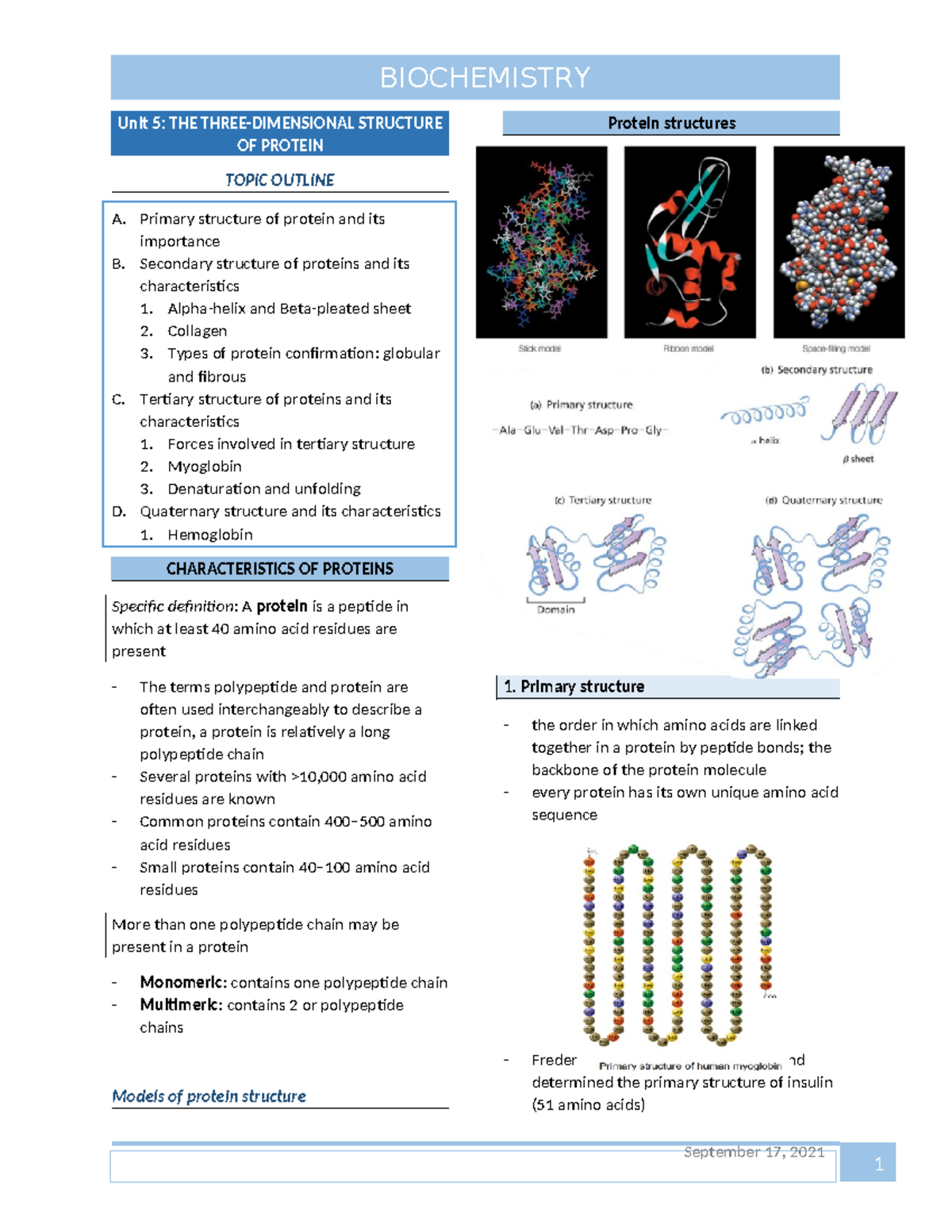 5 reviewer - Proteins - BIOCHEMISTRY NOTES - September 17, 2021 Unit 5 ...