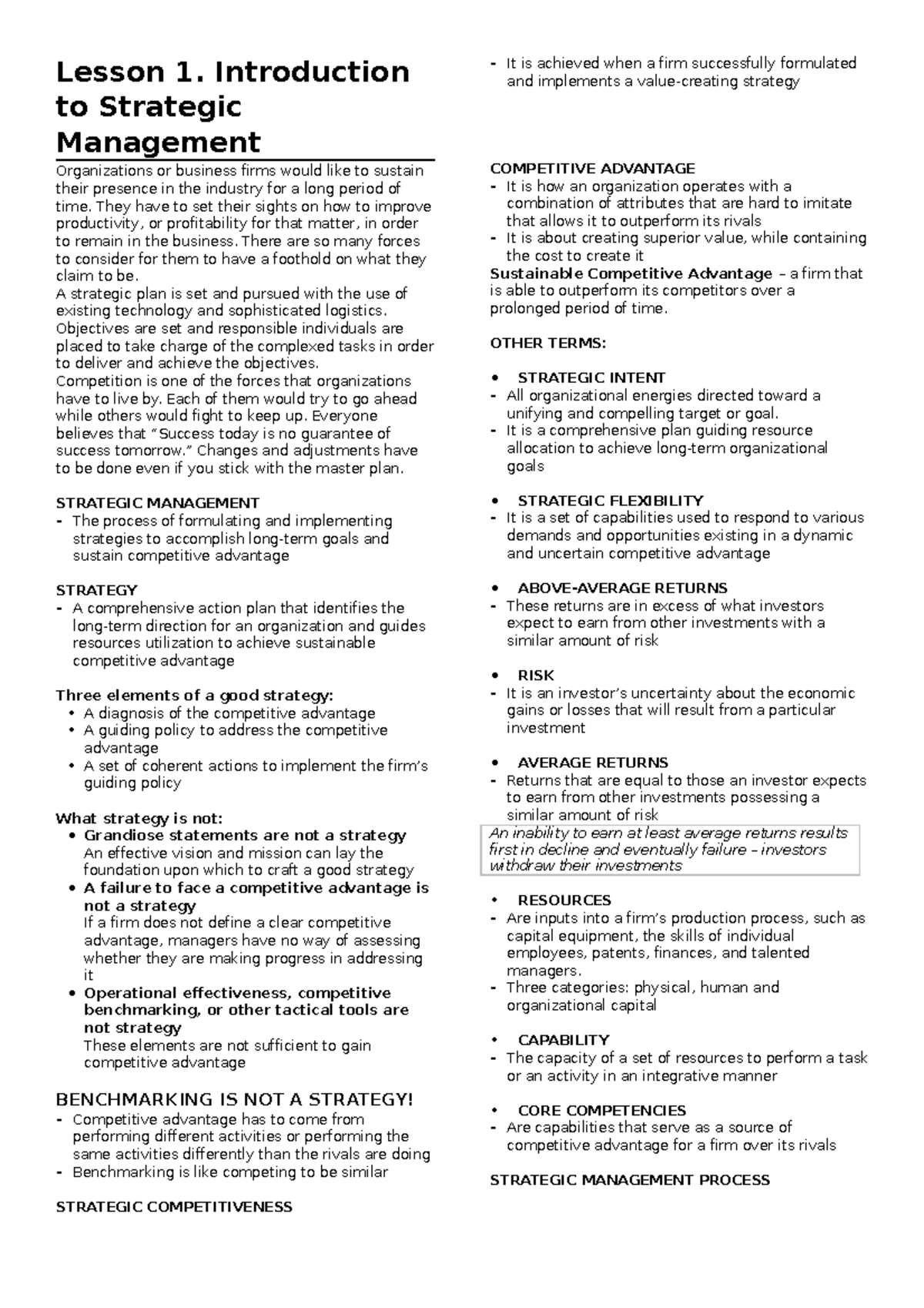Lesson 1. Introduction to Strategic Management - Lesson 1. Introduction ...