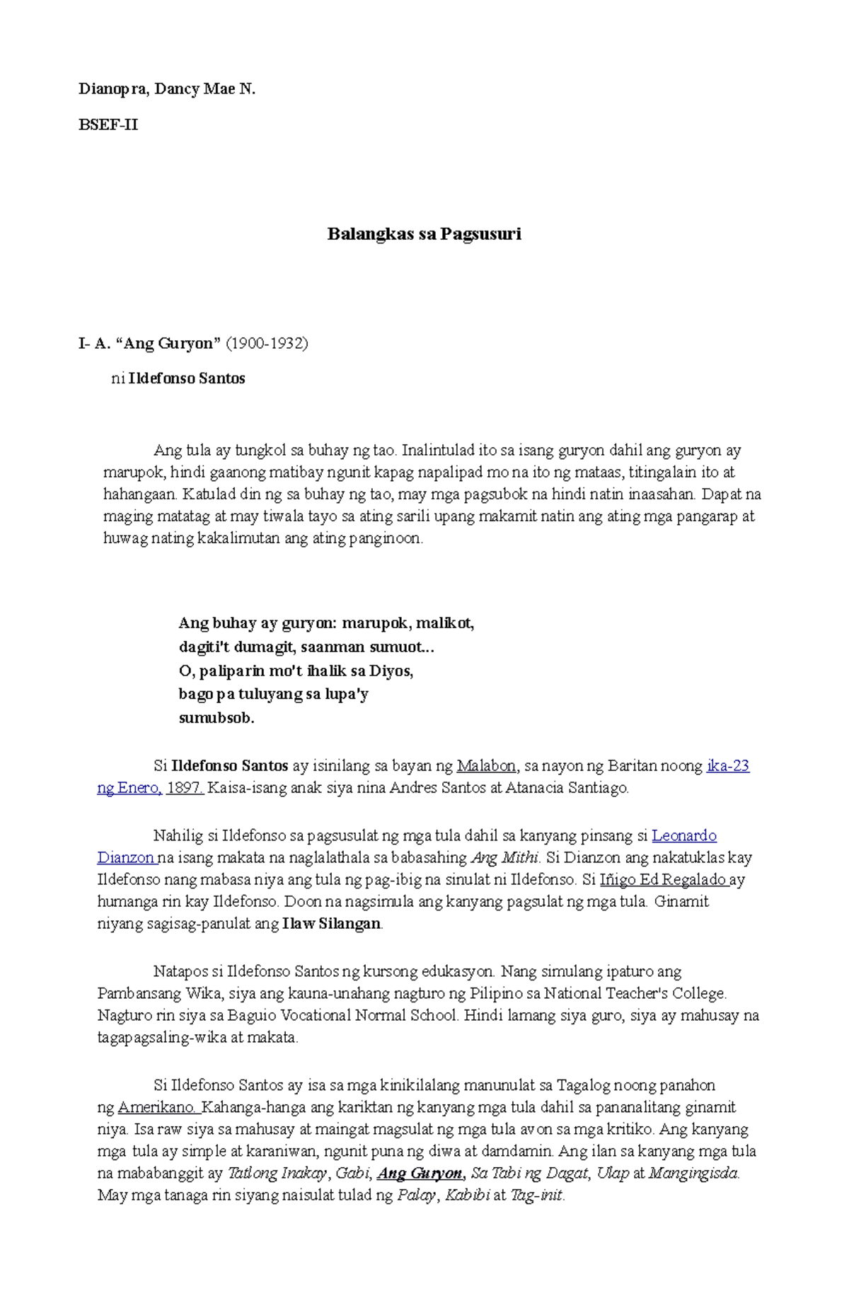 Balangkas-ng-pagsusuri sana makaturog naak ywa kamo - Dianopra, Dancy ...