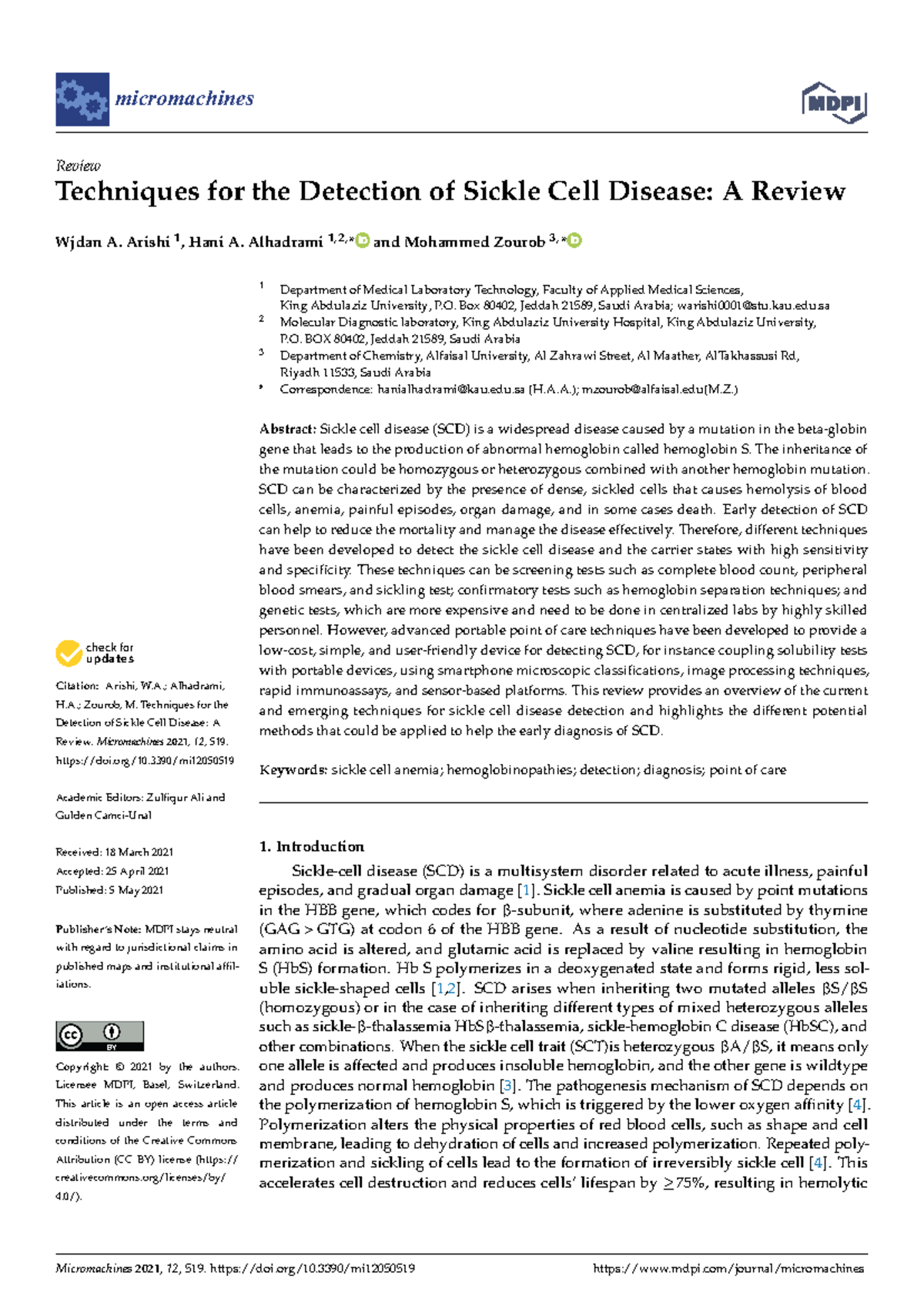Articulo de anemia falciforme - micromachines Review Techniques for the Detection of Sickle Cell ...