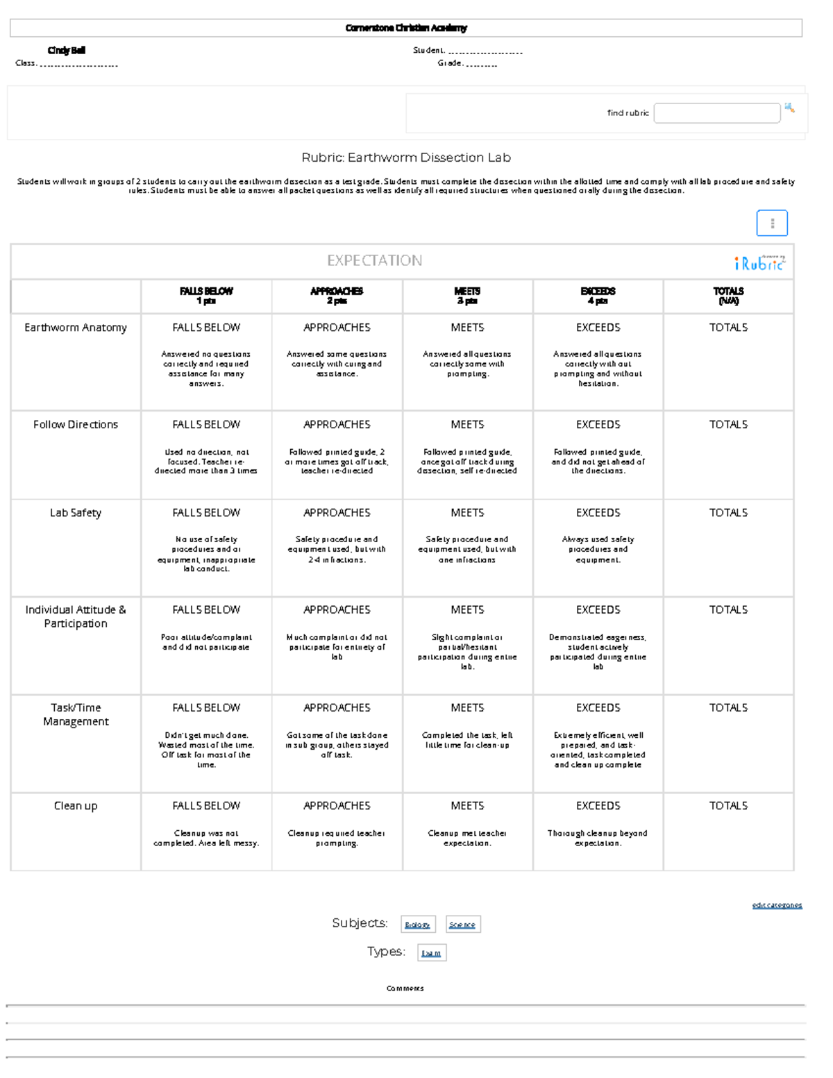 Earthworm Dissection Rubric - edit categories Cornerstone Christian ...