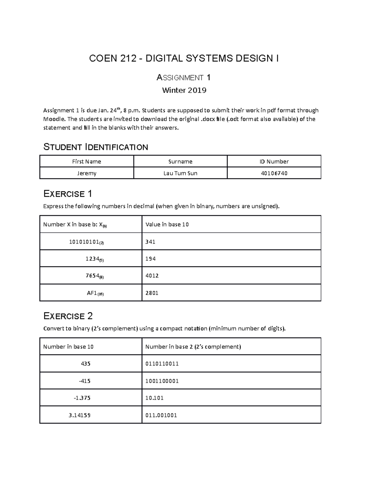 Assignment 01 - COEN 212 - DIGITAL SYSTEMS DESIGN I ASSIGNMENT 1 Winter 2019 Assignment 1 is due ...