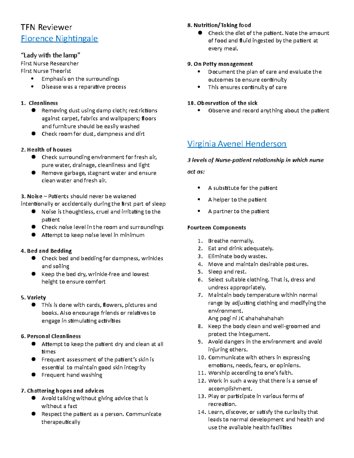 TFN-Reviewer - florence nightingale, virginia henderson, faye glenn ...