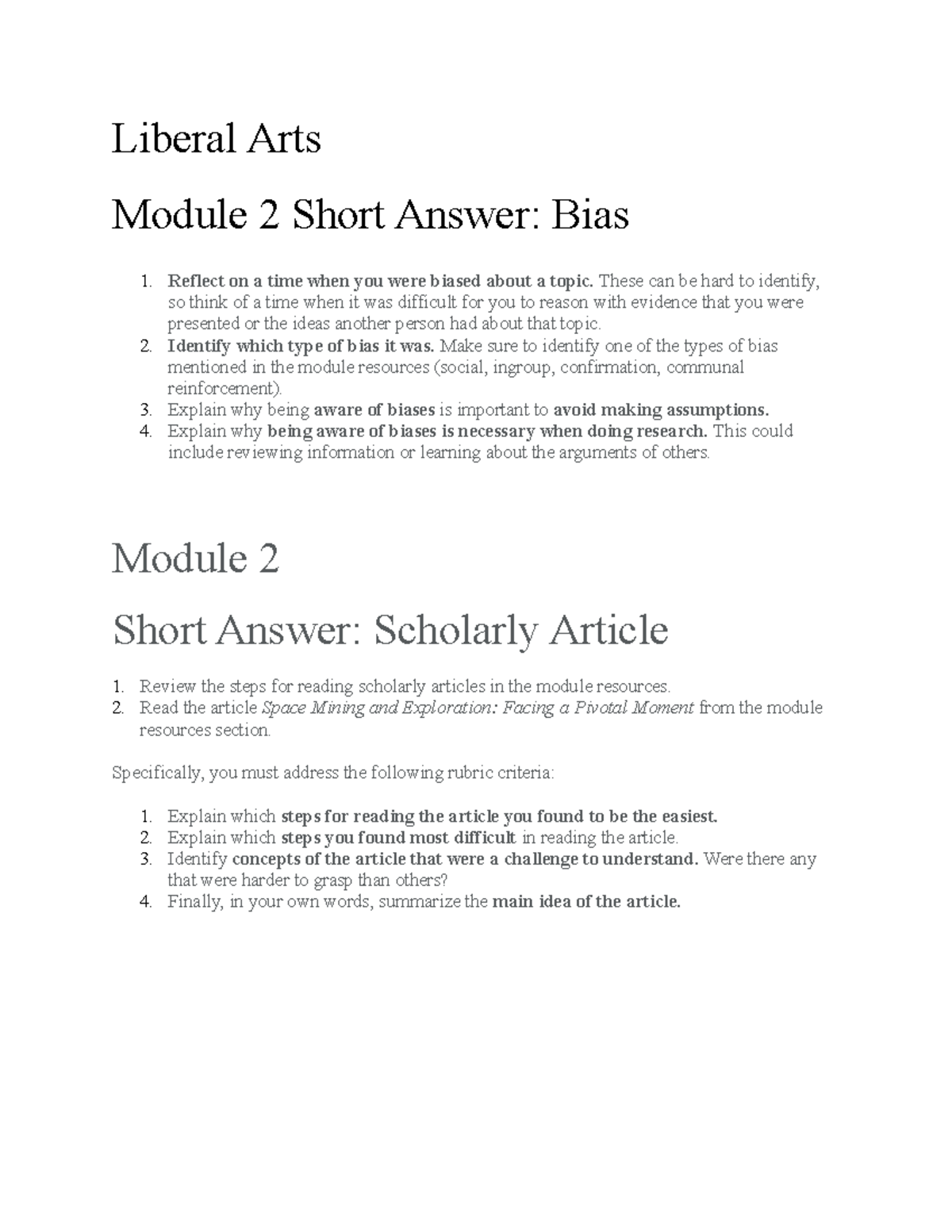 Liberal Arts Short Answer Module 2 - Liberal Arts Module 2 Short Answer ...