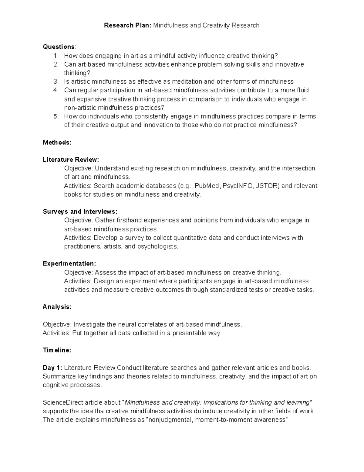 Inquiry Project - Research Plan: Mindfulness and Creativity Research ...