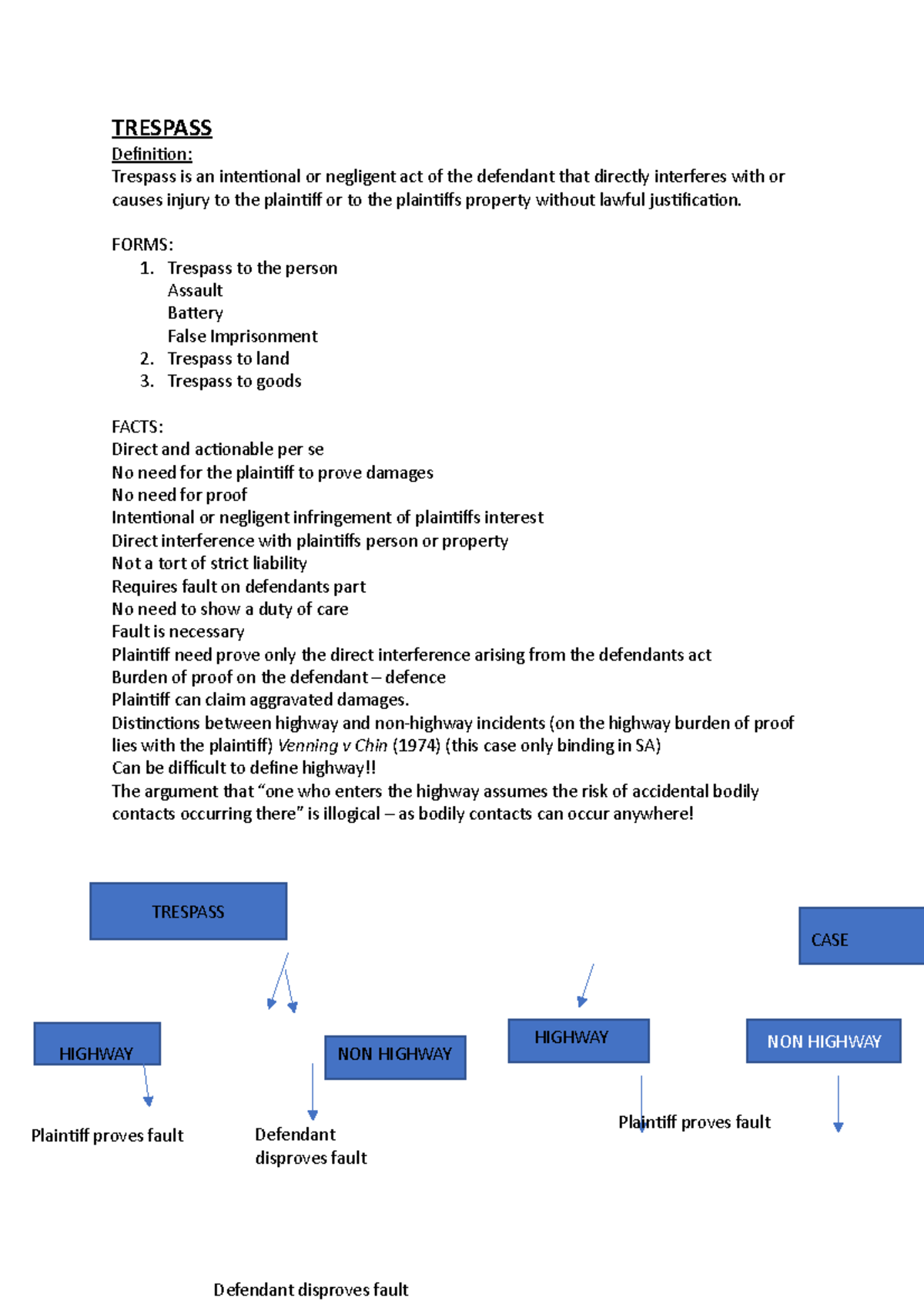 Torts Notes - TRESPASS Definition: Trespass is an intentional or ...