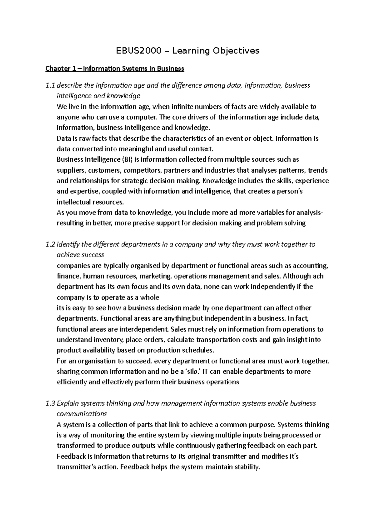 Summary Lecture Notes About All Learning Objectives In Each Lecture Of The Course Ebus2000