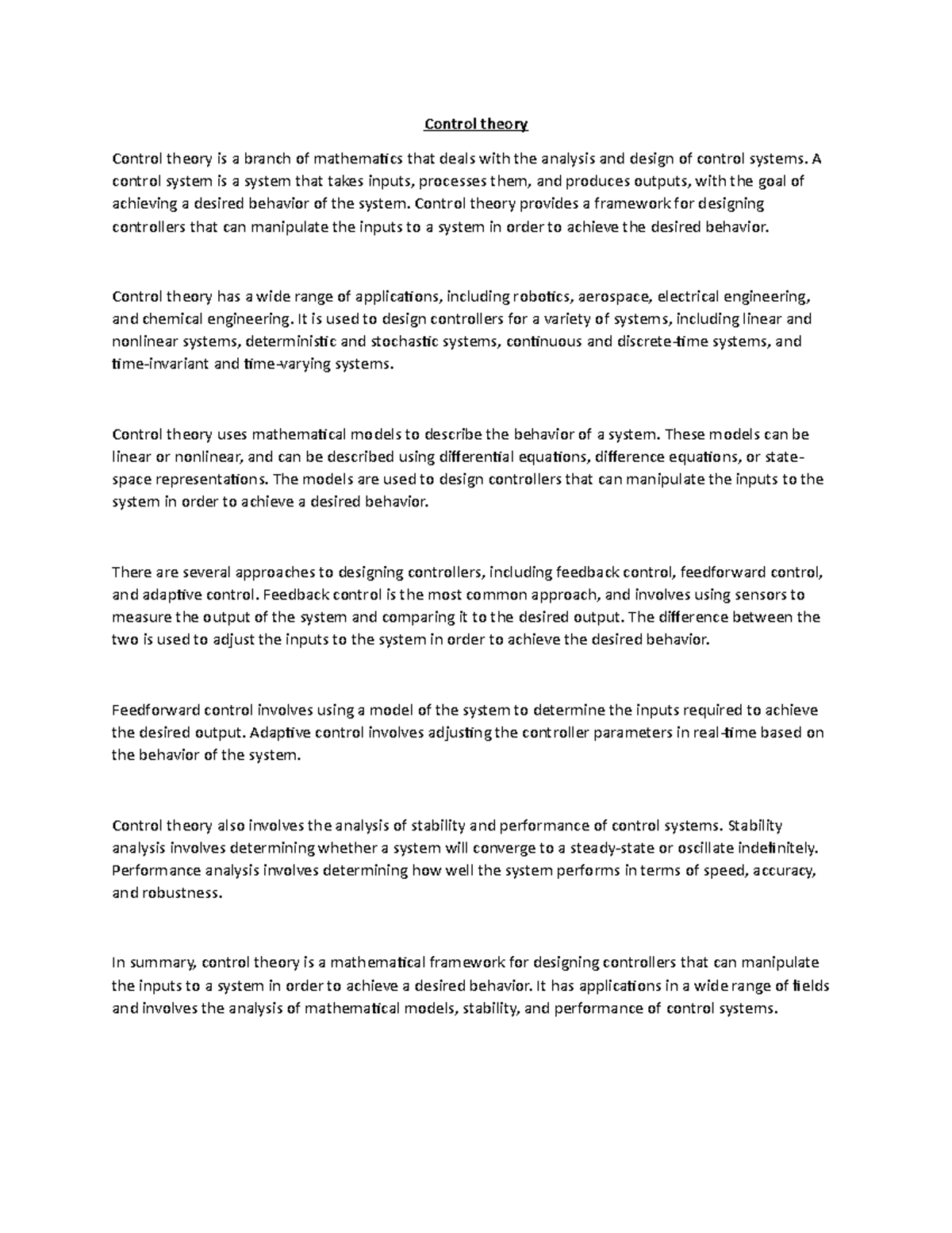 Control theory - Control theory Control theory is a branch of ...