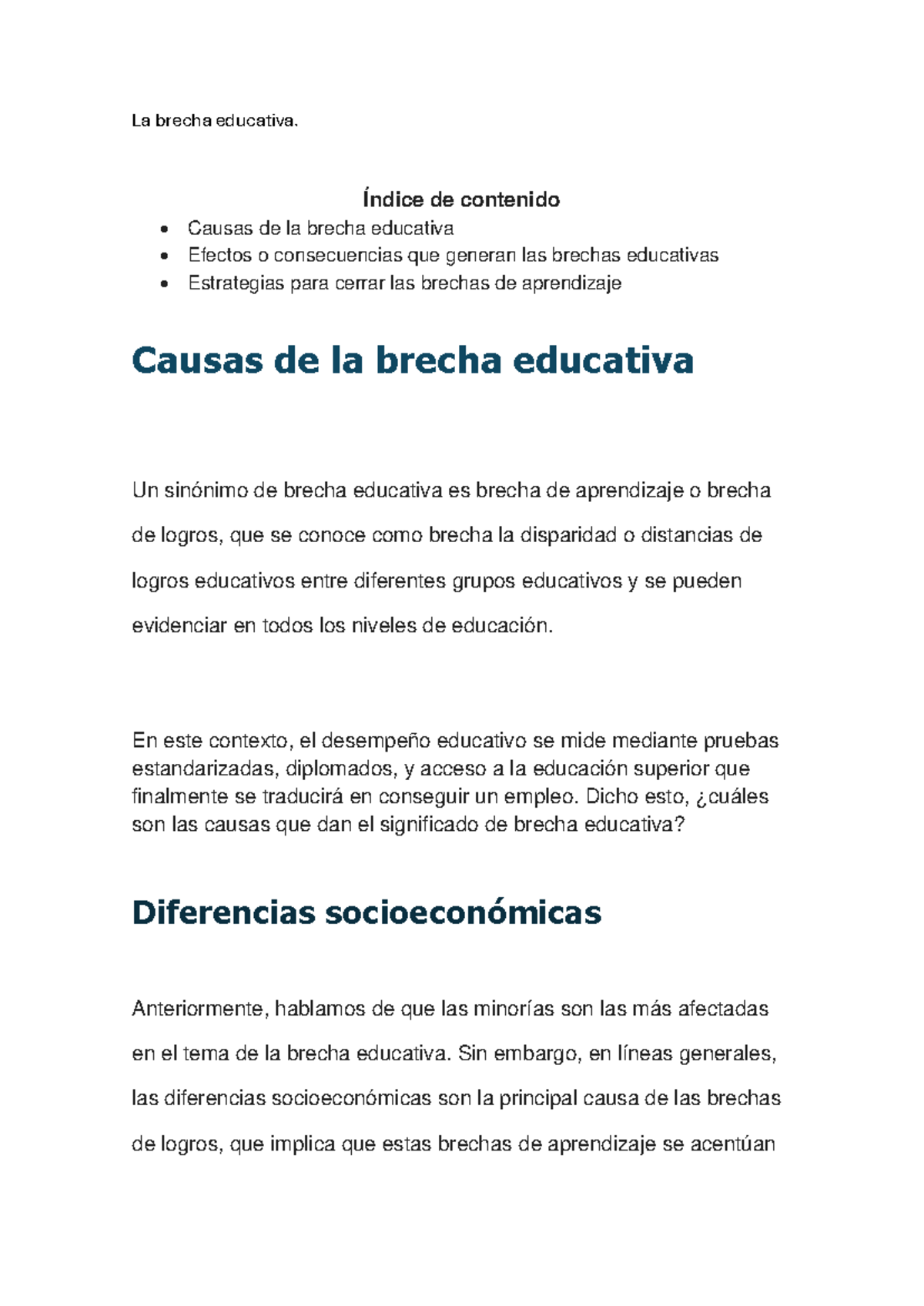 Brecha educativa - Índice de contenido • Causas de la brecha educativa ...