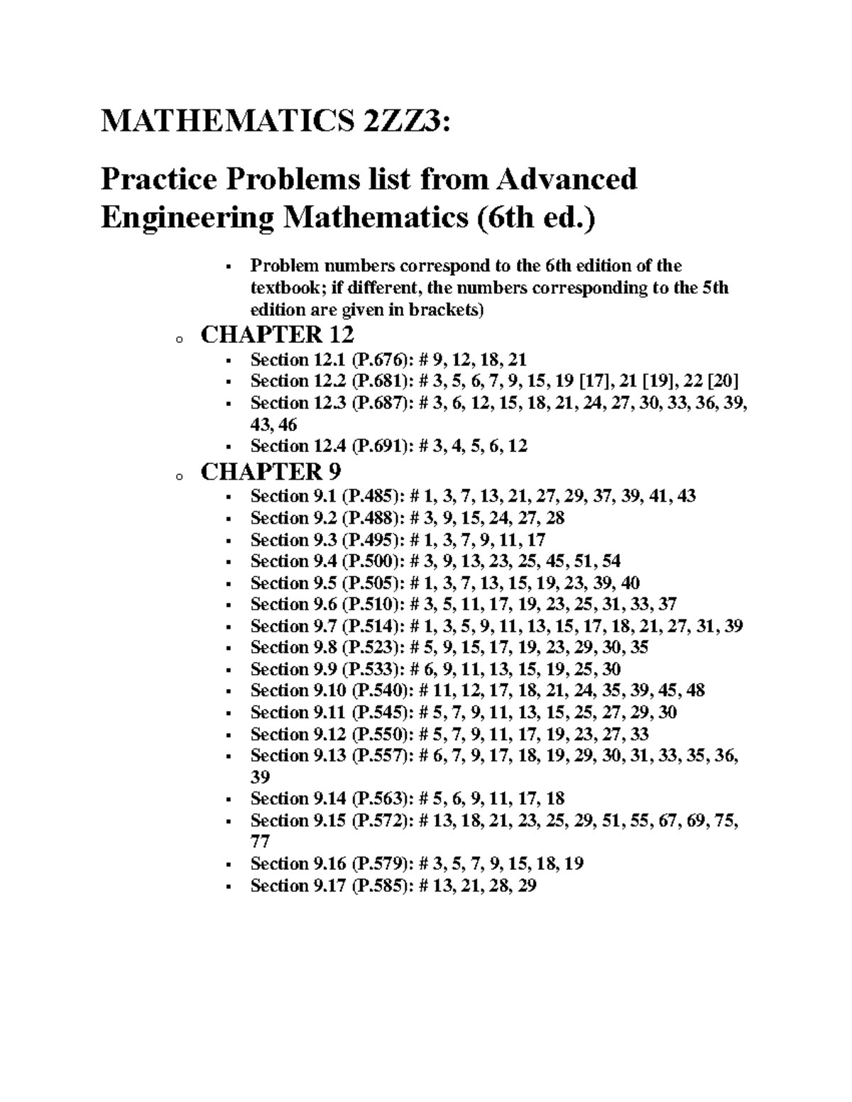 M2ZZ3-practice problems 6th-edition - MATHEMATICS 2ZZ3: Practice Problems list from Advanced ...