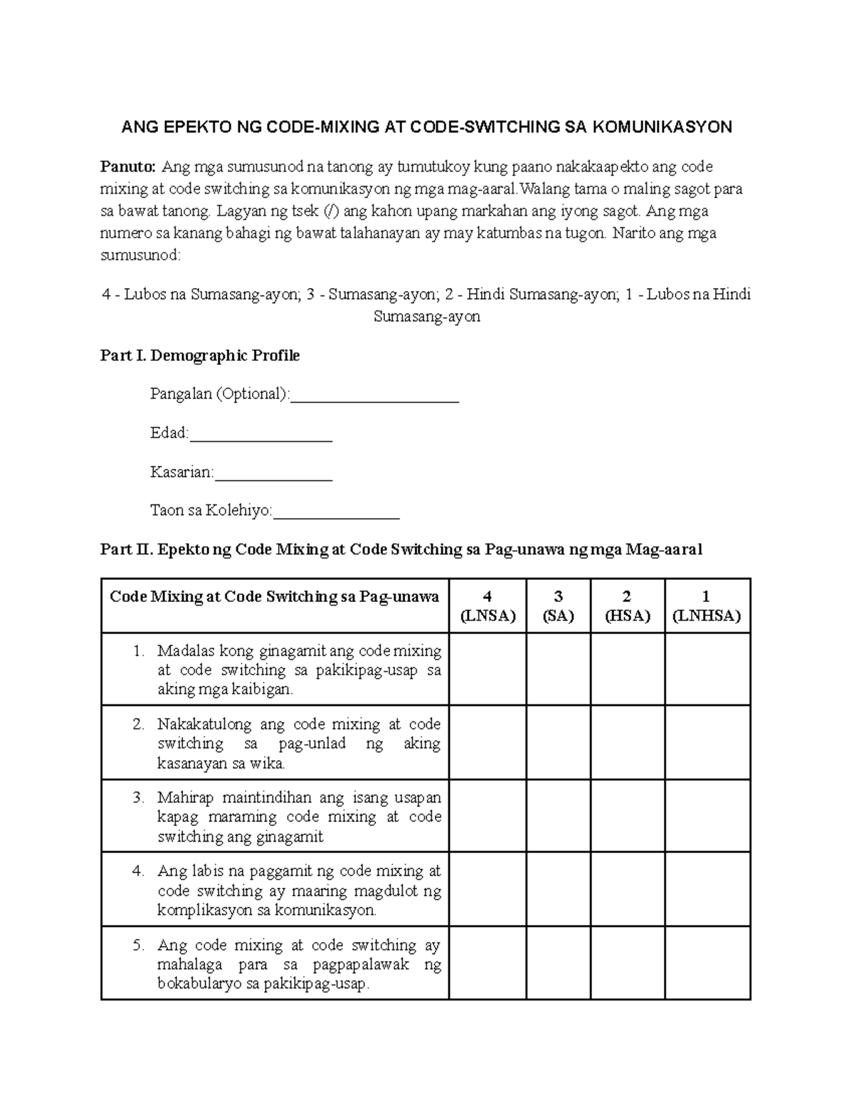 Research- Question-1 - ANG EPEKTO NG CODE-MIXING AT CODE-SWITCHING SA ...