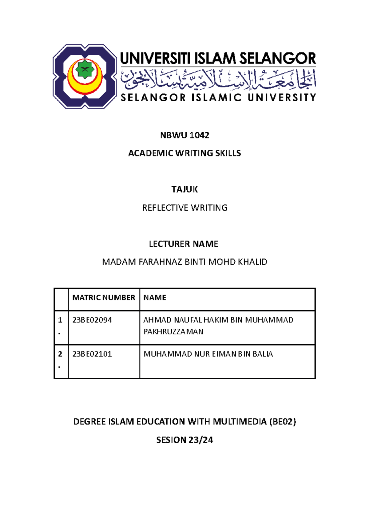 Kerja english - NBWU 1042 ACADEMIC WRITING SKILLS TAJUK REFLECTIVE ...