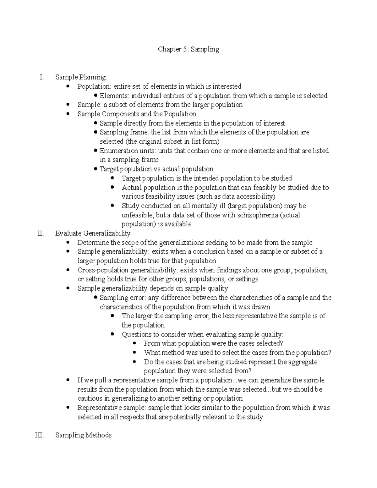 Chapter 5 - Chapter 5: Sampling I. II. Sample Planning Population ...